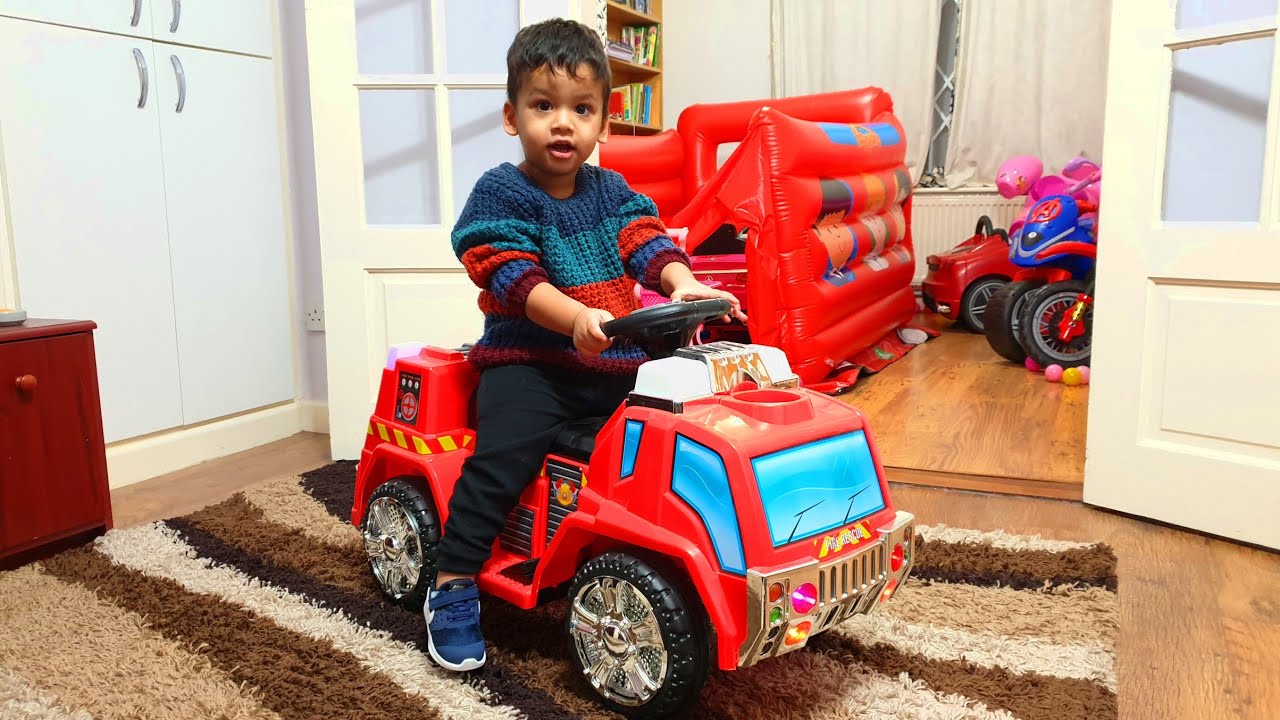 Little Boy Playing on Huge Red Fire Engine Ride On Car | Kids Fun Toys ...