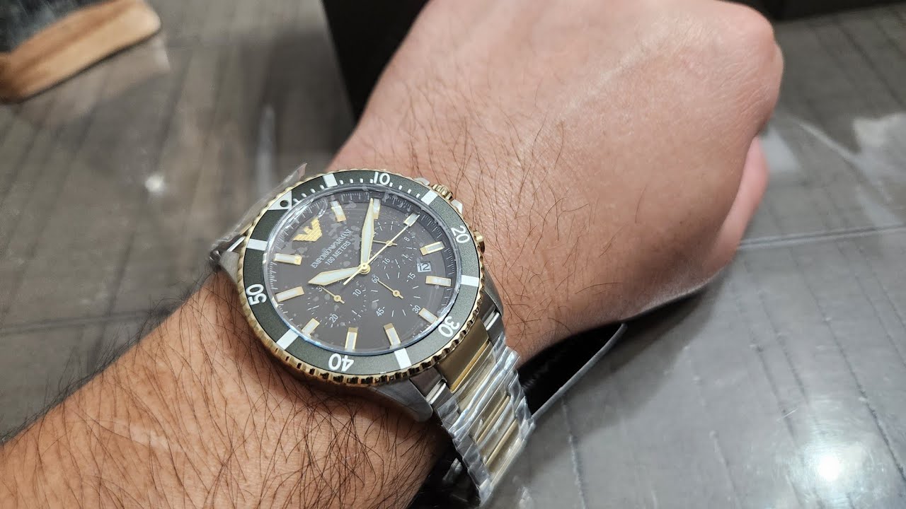 Emporio Armani AR11361 Green Dial Two Tone Chronograph unboxing - YouTube