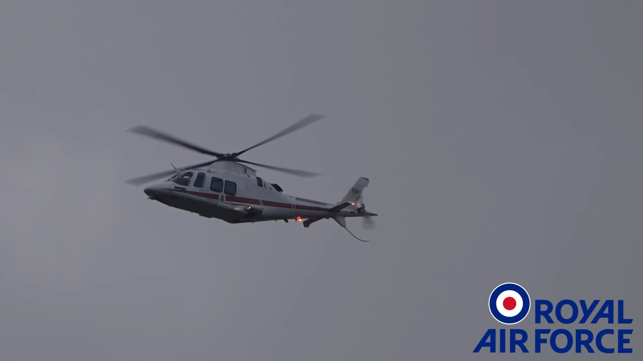 Royal Air Force Agusta AW109 deploys the landing gear during descent ...
