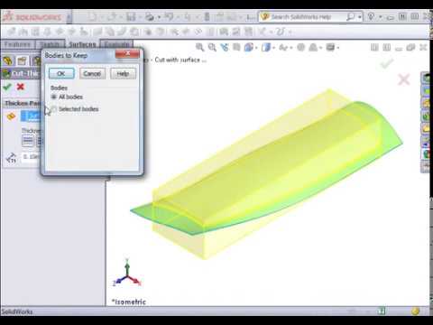 SolidWorks Surfacing 01 Surfacing 18 Cutting with Surface - YouTube