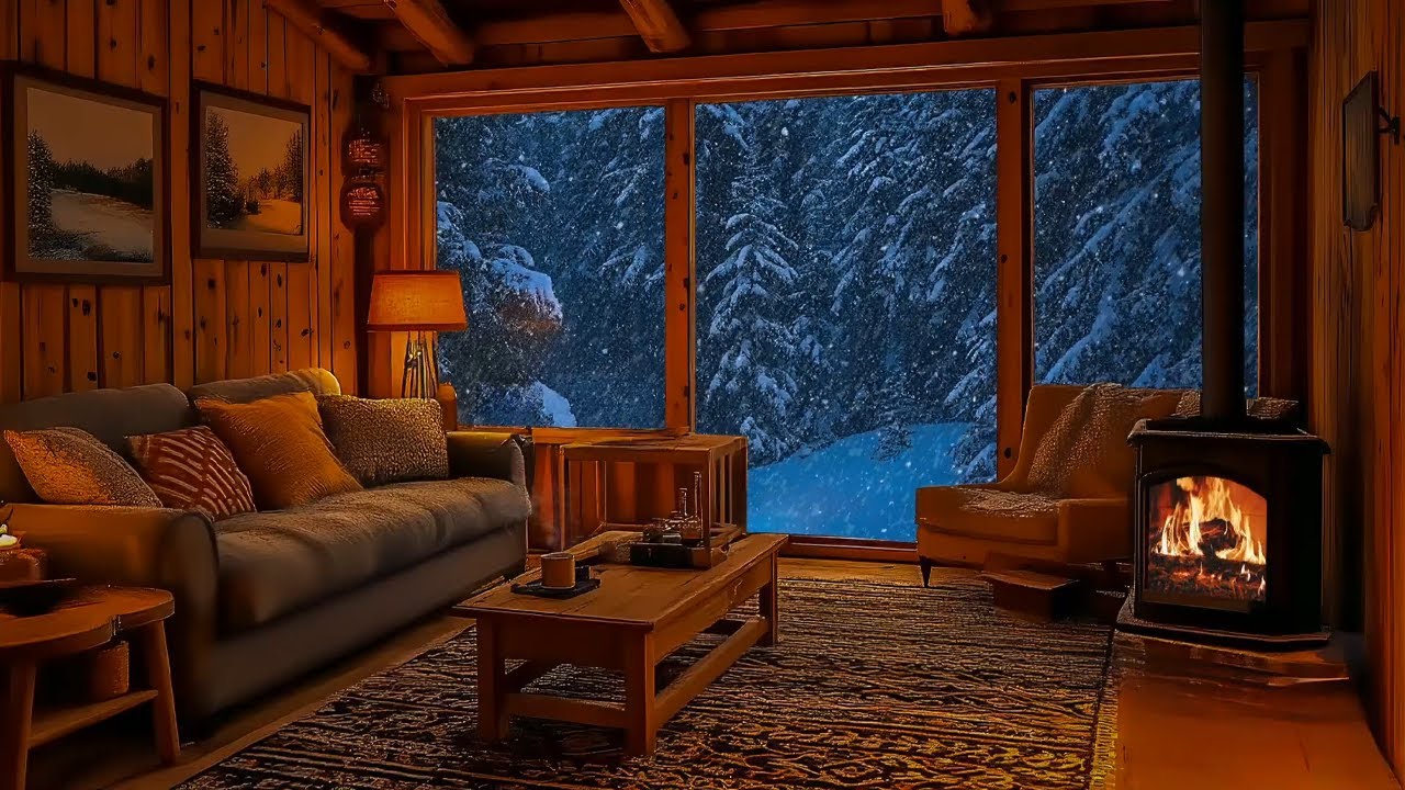 Tiny Cabin in the Cold Snowstorm Night | Say Goodbye to Stress in a Log ...