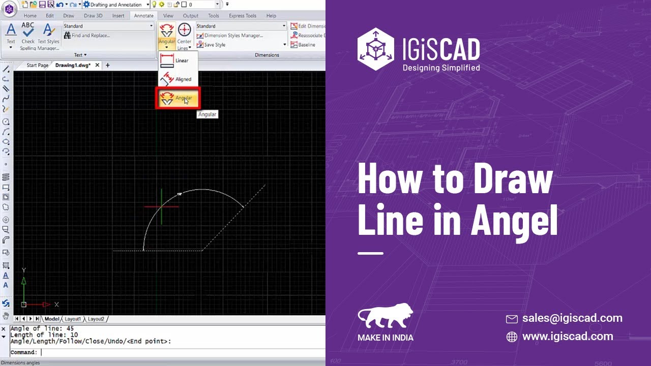 How to draw a line in angle and angular dimensions in IGiS CAD - YouTube