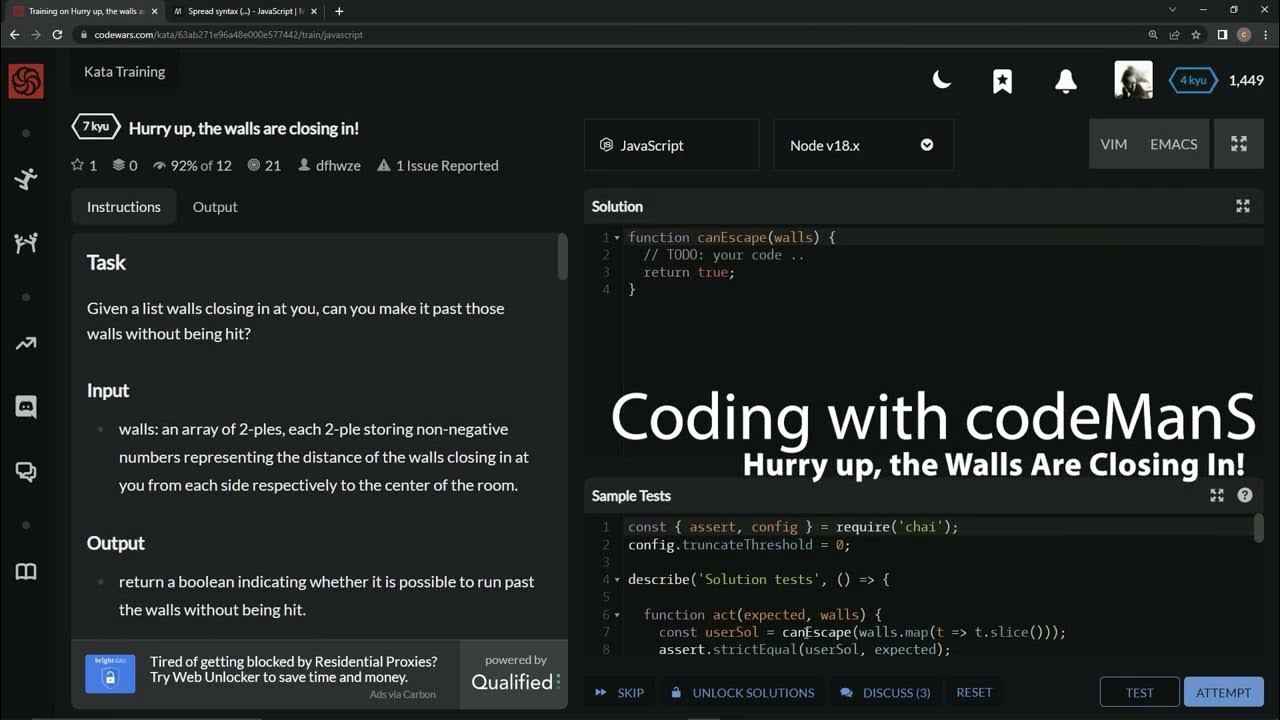 Codewars 7 kyu Hurry up, the Walls Are Cosing In! Javascript - YouTube