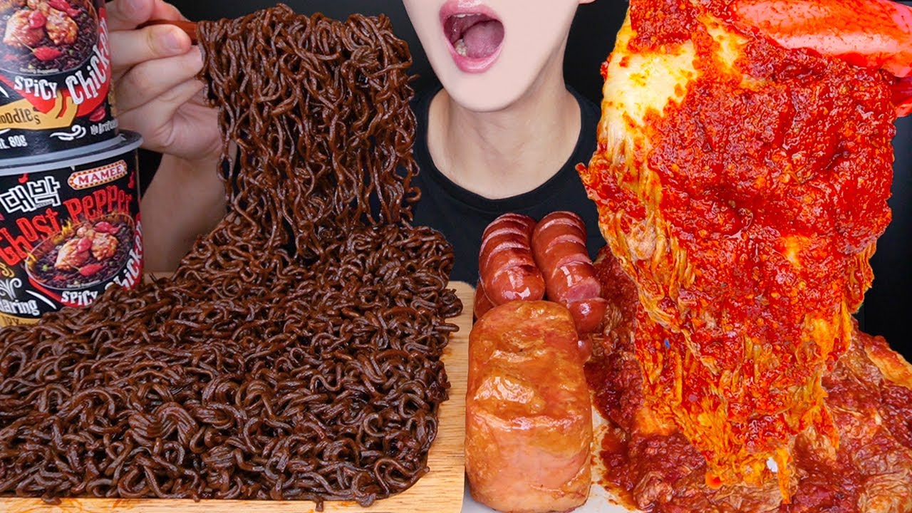 ASMR GHOST PEPPER NOODLES vs SILBI KIMCHI SAUSAGE MUKBANG 고스트페퍼 실비김치 ...