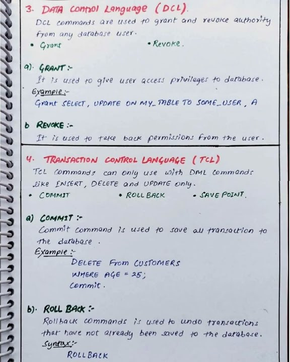 SQL Commands Handwritten notes || DDL , DML , DCL , TCL , DQL || - YouTube