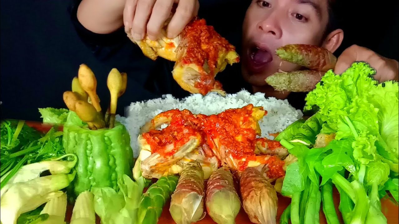 MUKBANG‼️1 Ekor Ayam Kampung rica-rica,lalapan mentah bendul pete,bunga ...