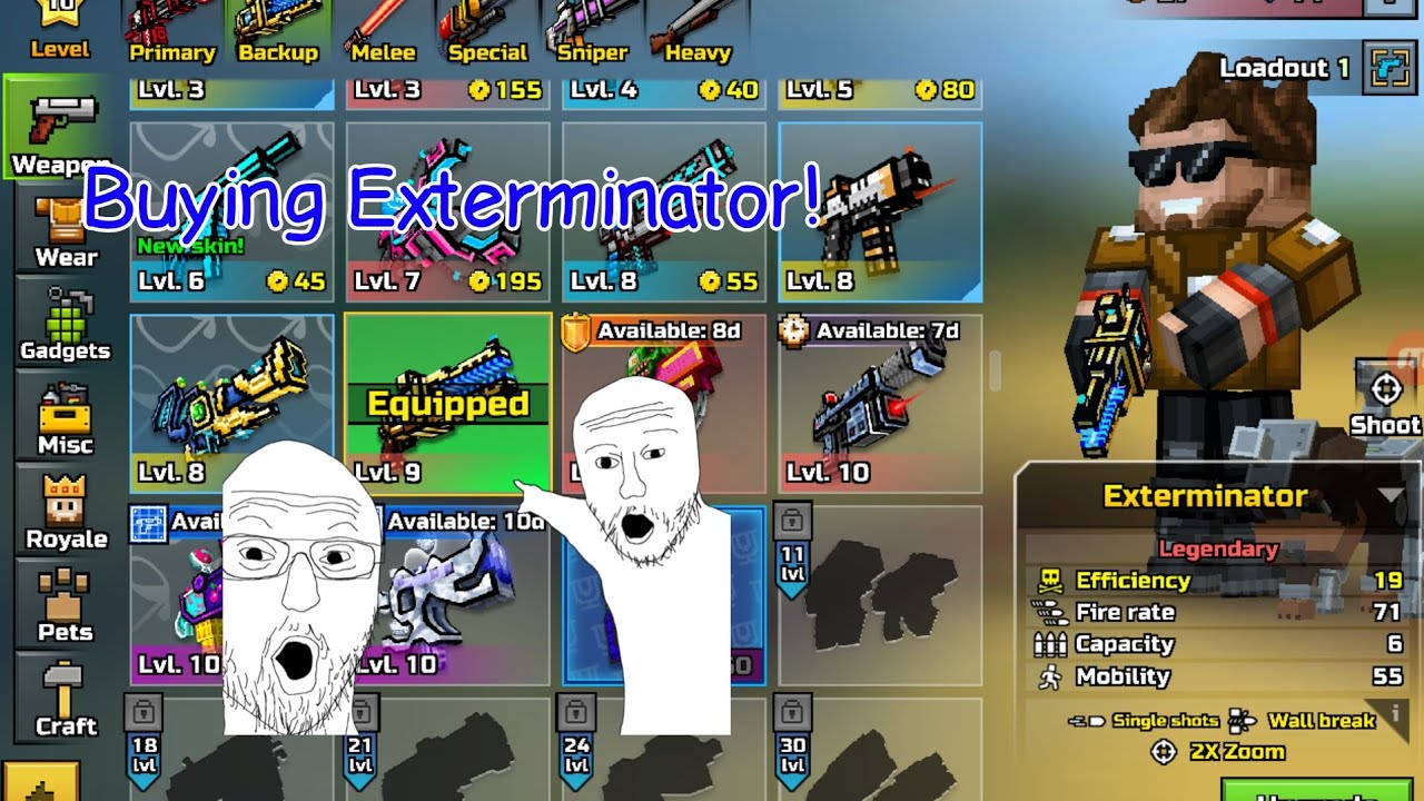 Buying the Exterminator in Pixel gun 3D (Different account btw) - YouTube