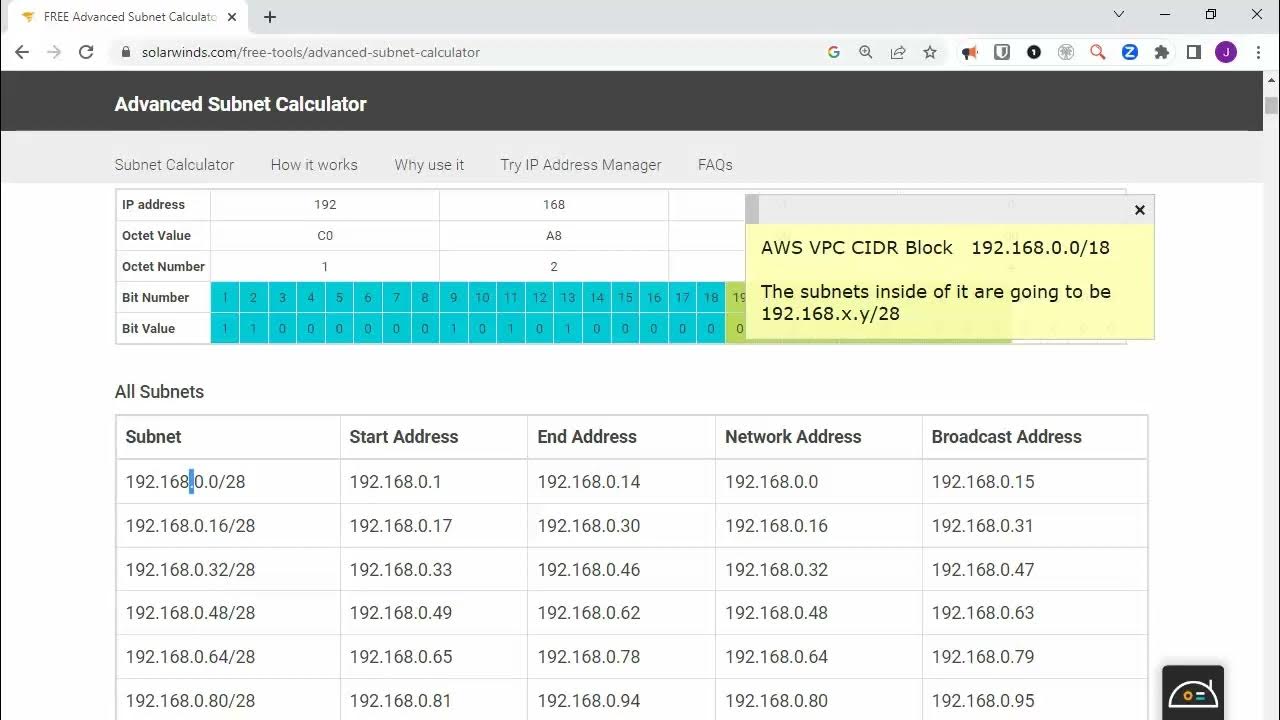 AWS VPC CIDR & Subnet Calculator (using solarwinds.com advanced subnet ...