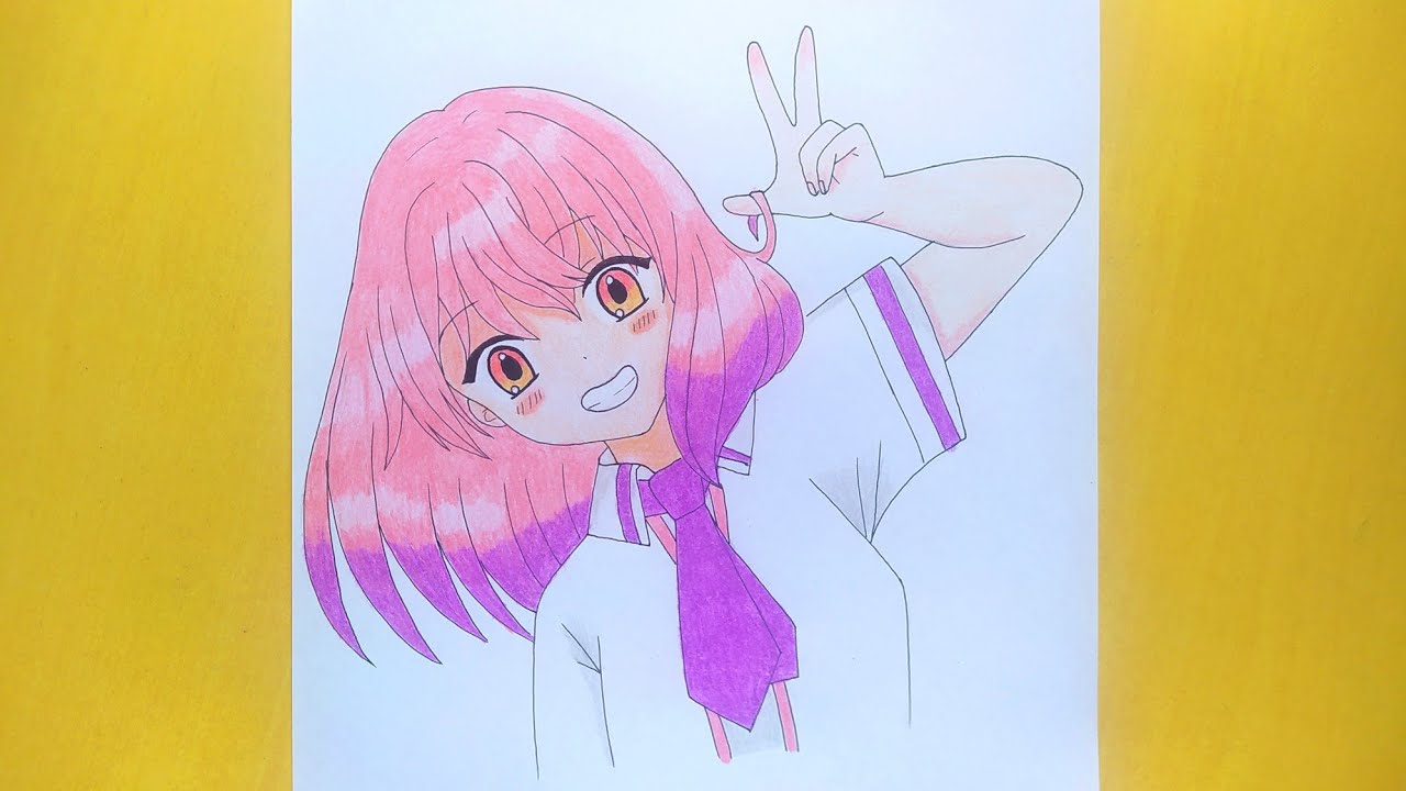 رسم انمي سهل رسم بنت انمي كيوت بشعر وردي وبنفسجي وبطريقة لطيفة جدا 😍