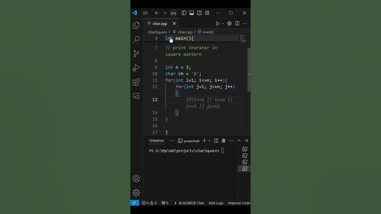print characters for square loop in DSA C++ #coding #programming #dsa #compilation - YouTube