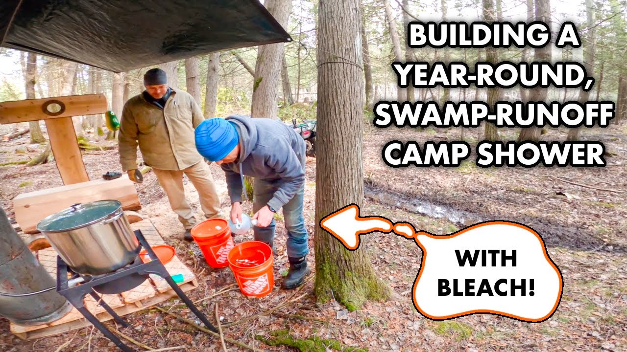 Building a DIY, Outdoor Camp "Shower" in the Wilderness with a Chainsaw ...