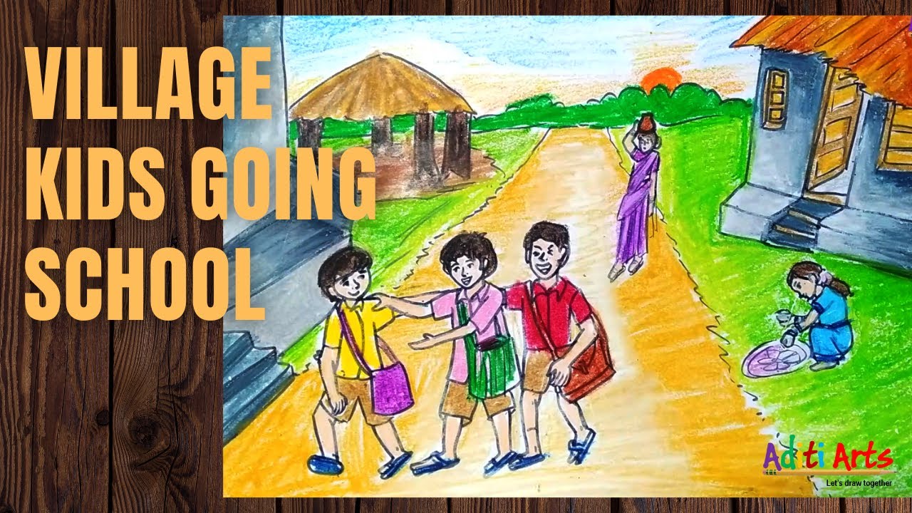 Kids going School Drawing | Indian Village Drawing | Village Life ...