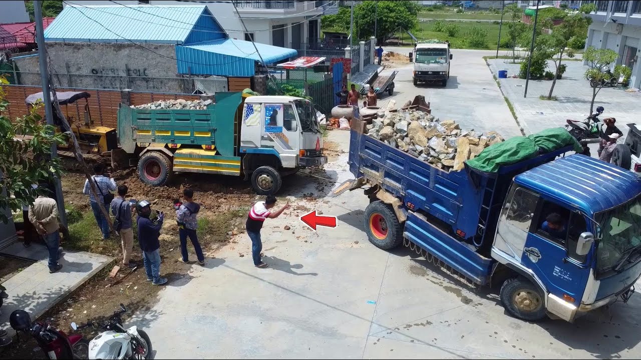 New Job!! First Dump truck back drive back uploading landslide overturned, Filling land by dozer ...