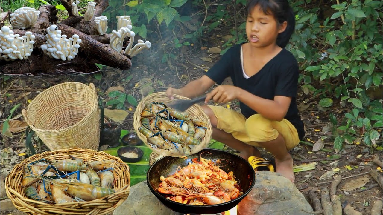 Survival cooking in forest- Pick mushroom for food- Cooking lobster ...
