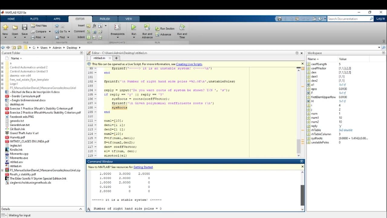 Routh Hurwitz Stability Criterion, using MATLAB Software - YouTube