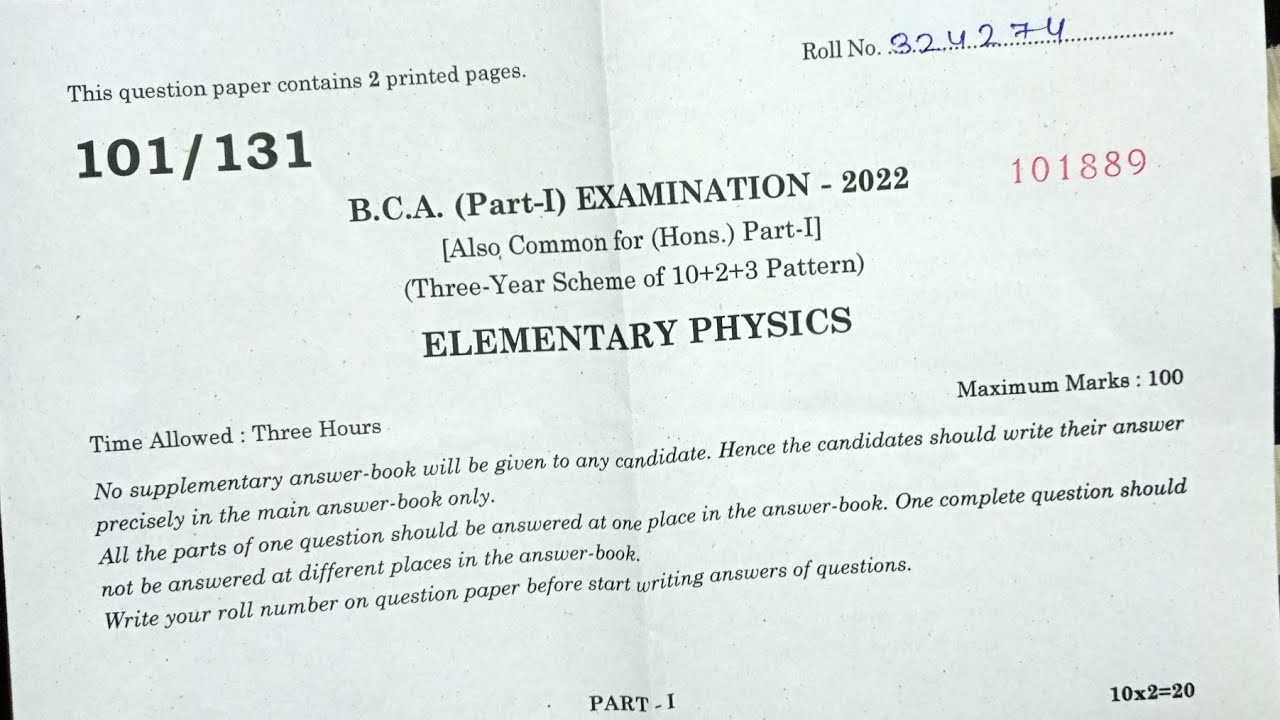 BCA (part-1) Elementary physics Question papers 2022 || BCA part-1 ...