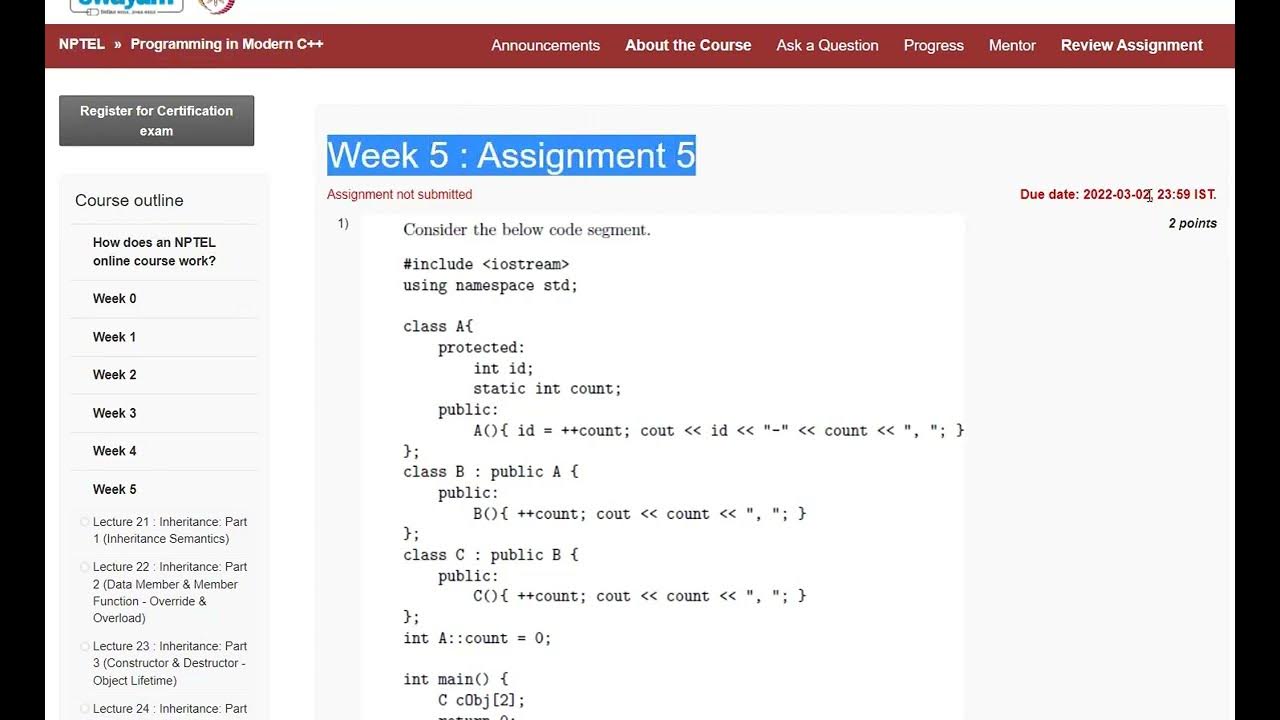 NPTEL Programming in Modern C++ Assignment Week 5 Answers | Programming in Modern C++ Week 5 ...