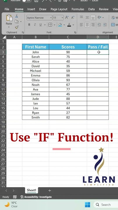 Excel If Function Trick In 40 Seconds Passfail Formula 💡 Shorts Youtube