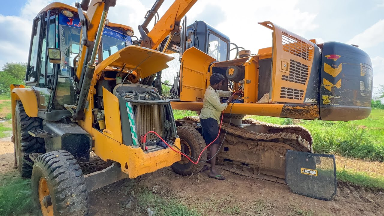 JCB 3DX Excavator Helps to Start Engine and then Repairing Road and ...