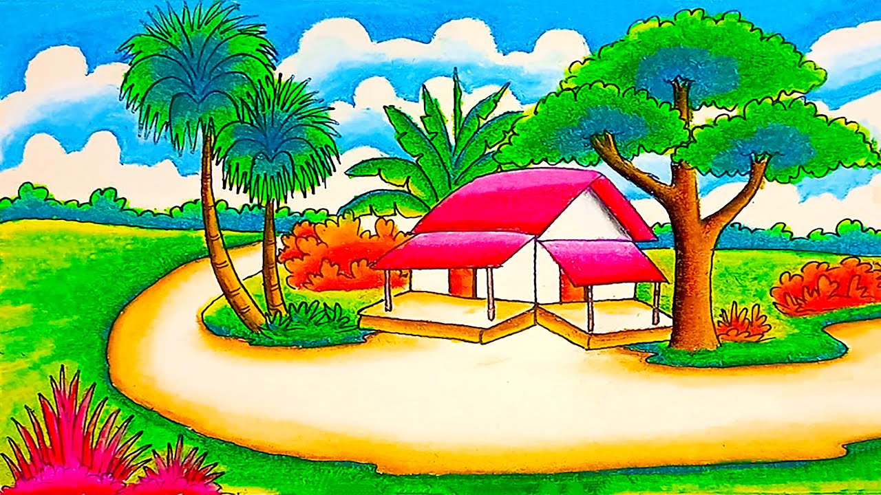 How to Draw Beautiful Village Landscape Scenery | Village Scenery ...