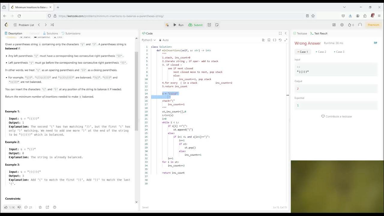 1541. Minimum Insertions to Balance a Parentheses String - YouTube