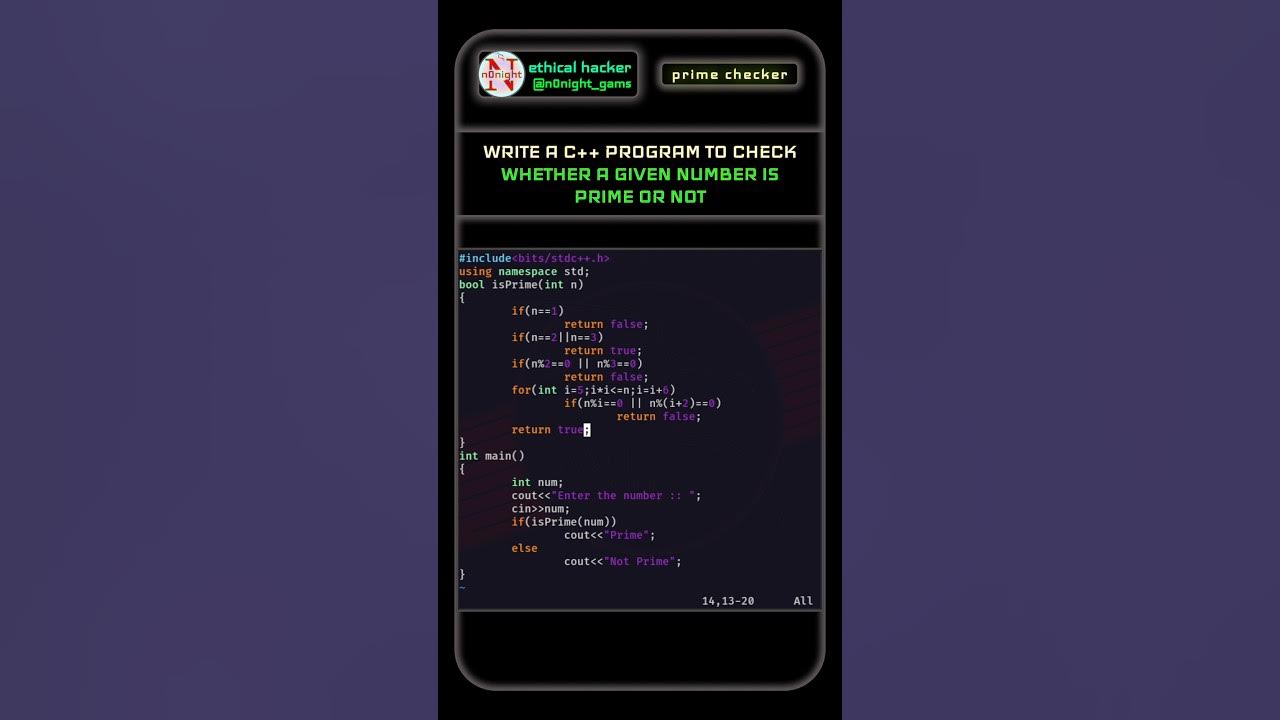Prime Number Checker in C++ #cplusplus #nonightgams #algorithm #primenumber #codesnippet # ...