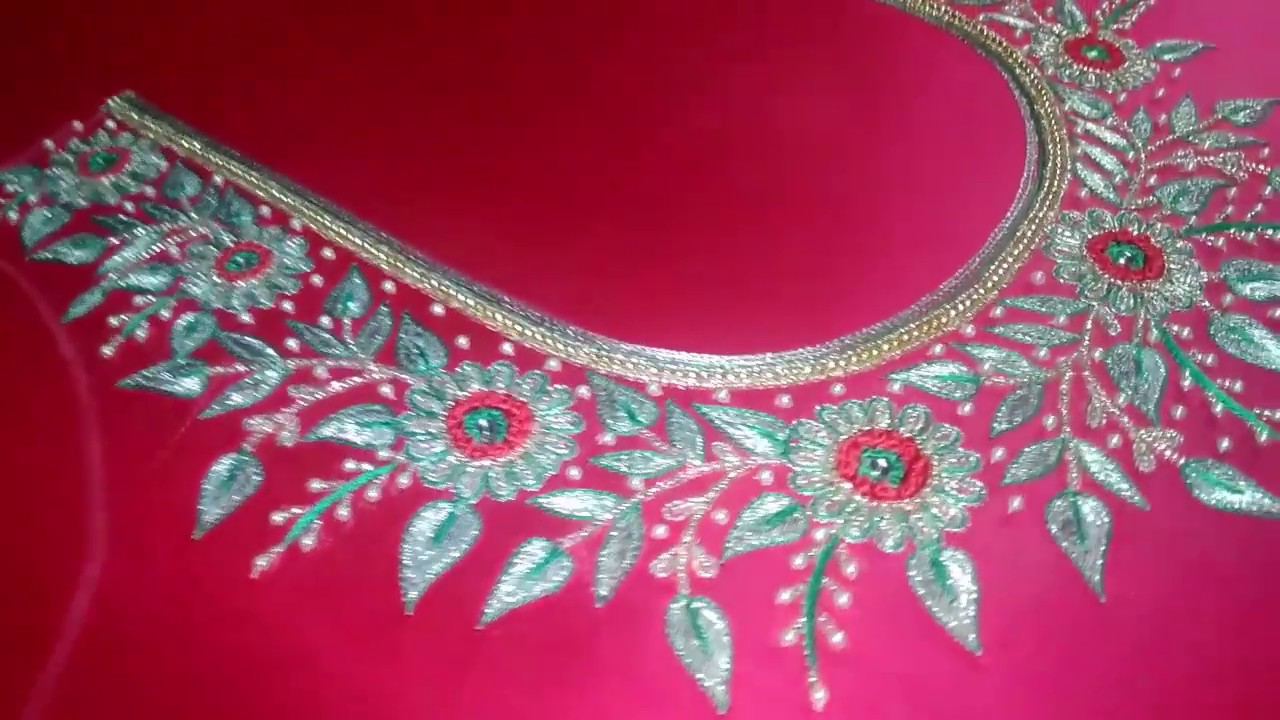 Aari work simple flower designs zardosi work border - YouTube
