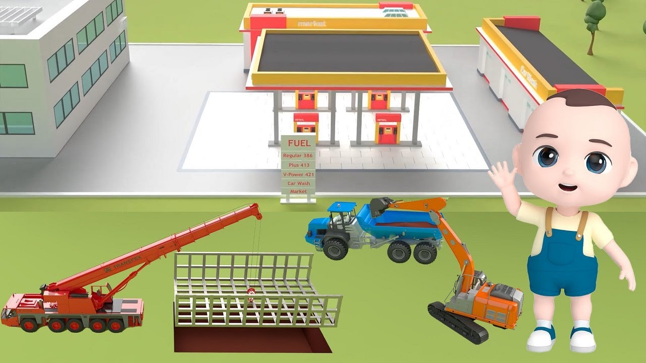 Engineering vehicles cooperate with each other to build a gas station ...