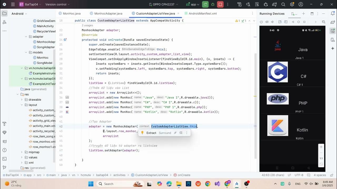Thuyết minh giải thích 03 bài custom Adapter của ListView, custom adapter GridView và ...