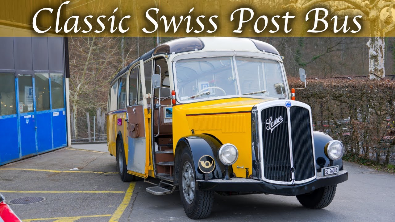 Zurich city classic yellow Swiss Post bus leaving with horn sound ...