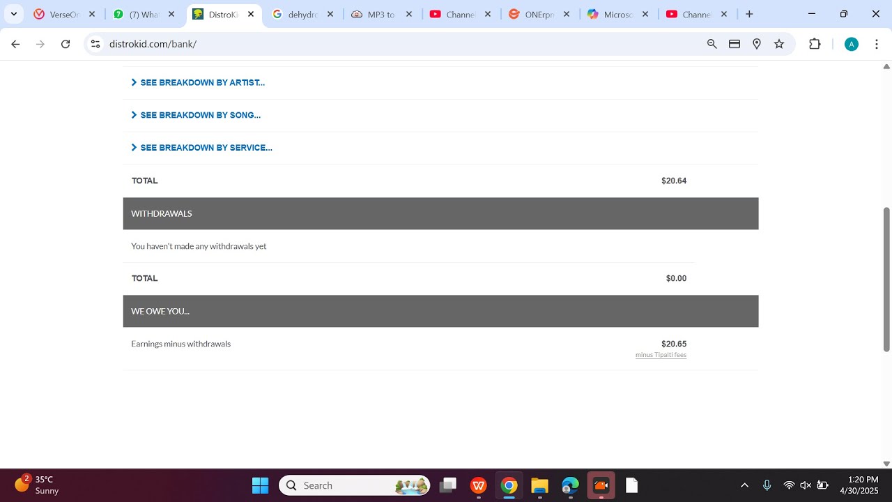 Withdrawing $20 from Distrokid Artist account - Distrokid payment proof ...