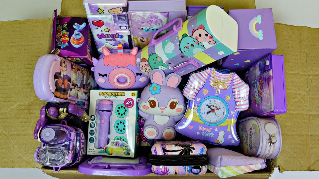 Box Full of Purple Toys🥰unicorn, BTS, Projector Torch, Water bottle ...