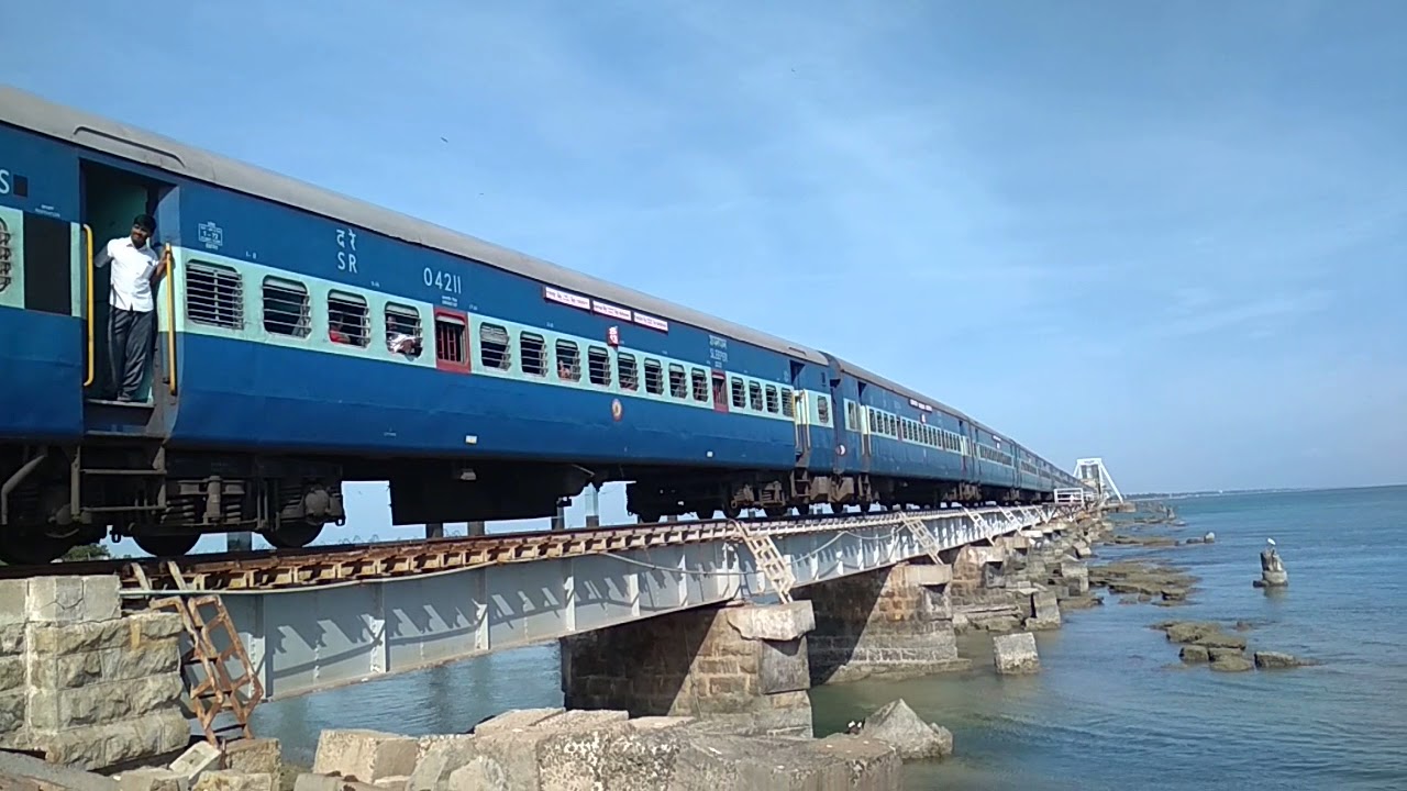 Train passing on Pamban Bridge - YouTube