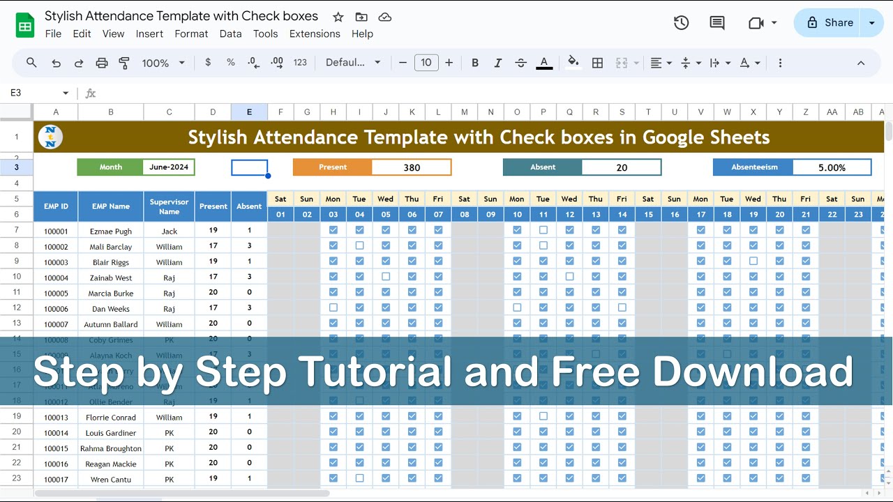 Dynamic Monthly Attendance Template in Google Sheets with Check Boxes ...