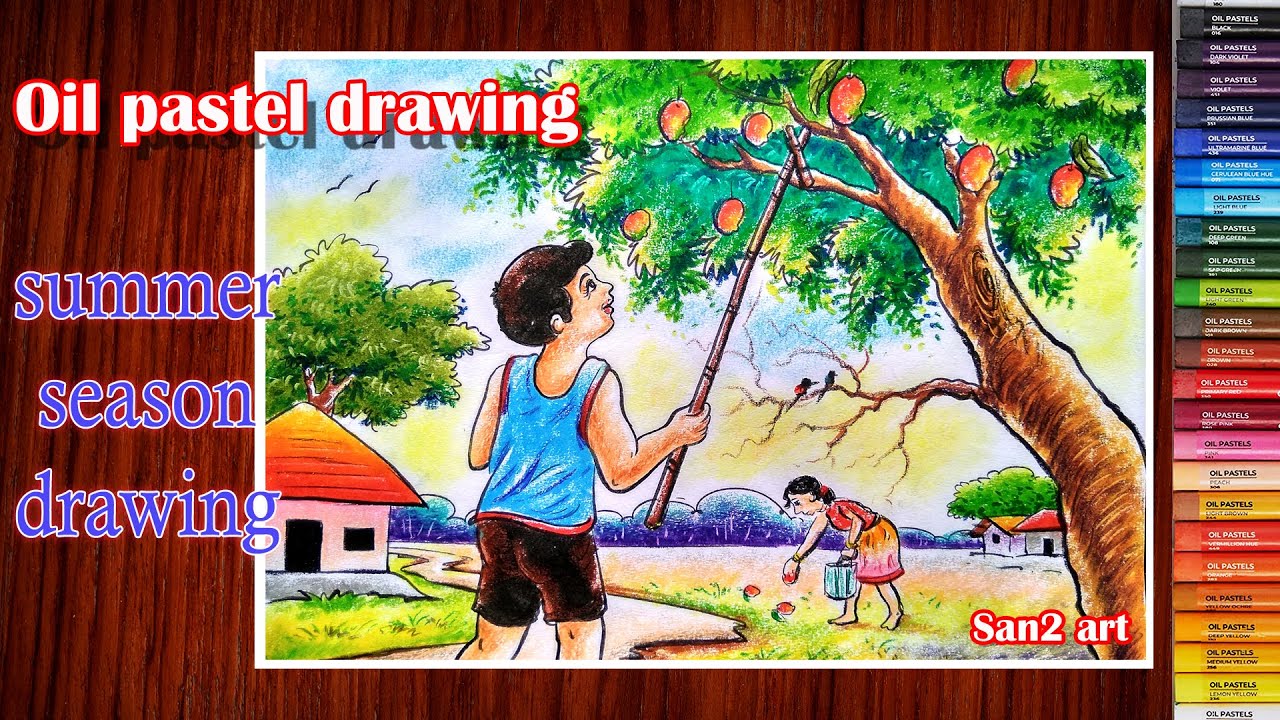 How to draw a summer season scenery/summer season drawing/village ...