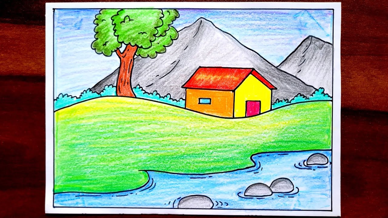 Scenery Drawing | Simple Landscape Scenery drawing | How to Draw Easy ...