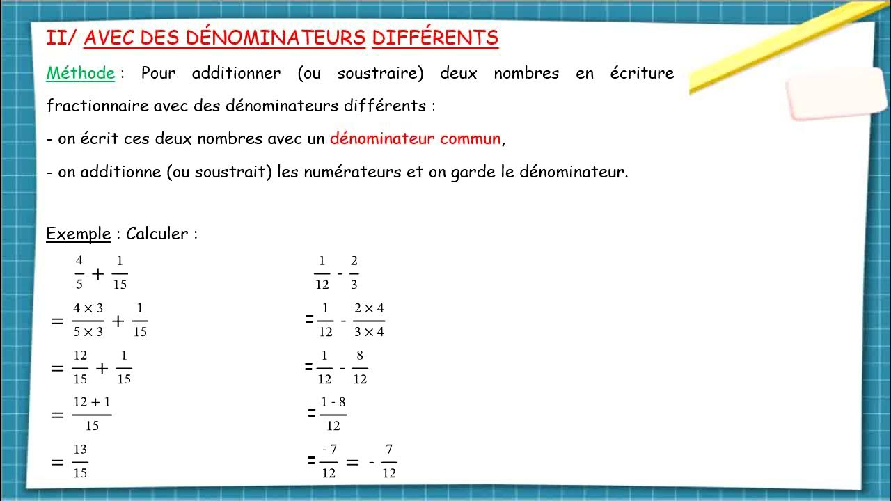 5e Additions et soustractions de fractions : avec des dénominateurs ...