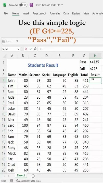 Use IF Statement to Calculate Pass or Fail Results in Excel - YouTube