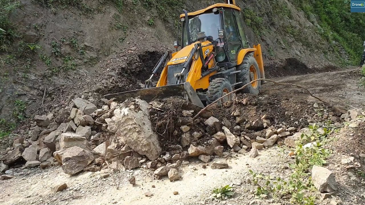 Hilly Stone slide Dirt Clearing | Part # 1 | JCB Backhoe Hilly Road ...