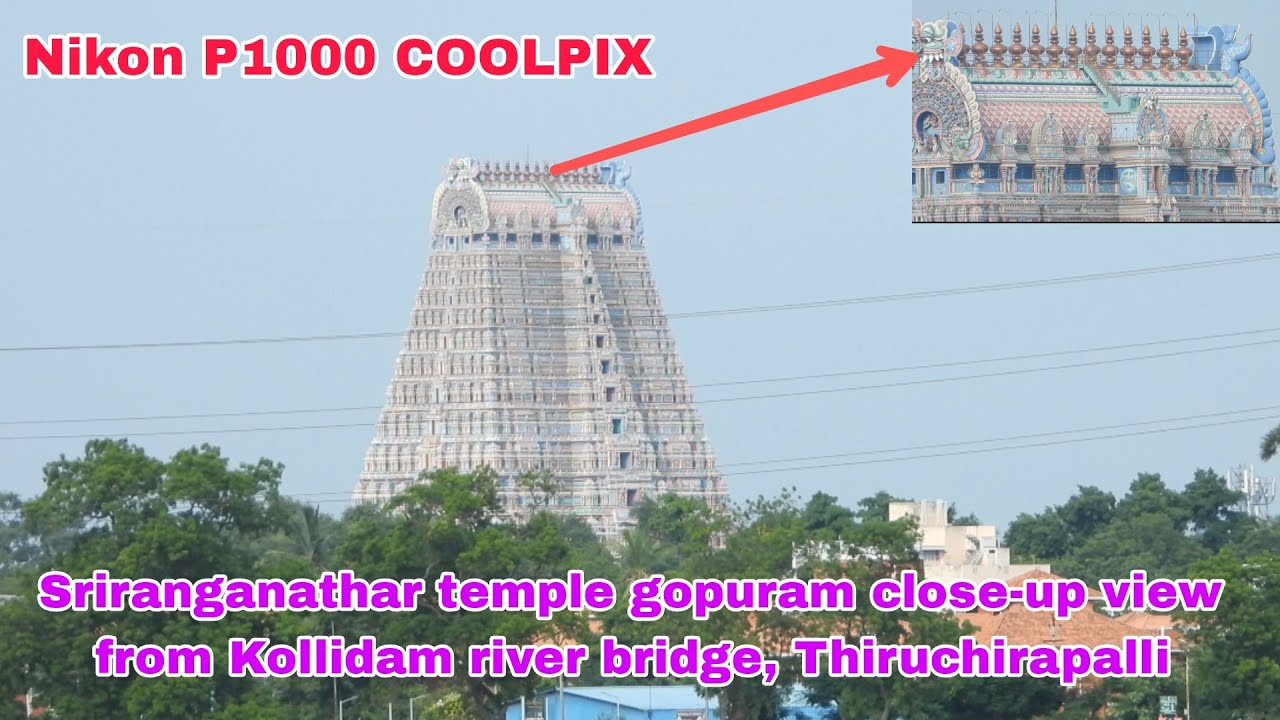 Srirangam temple gopuram close-up view from kollidam river bridge ...
