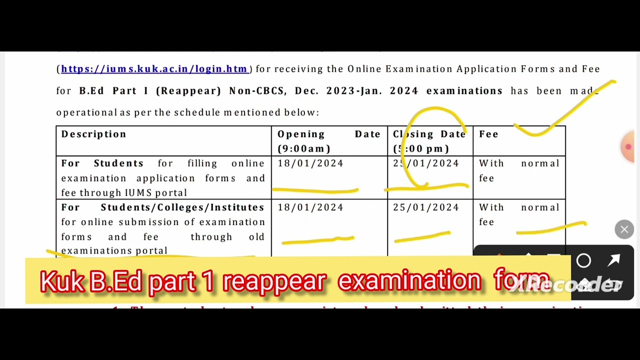 kuk university B.Ed 1st year reappear examination form Portal open 2023 ...