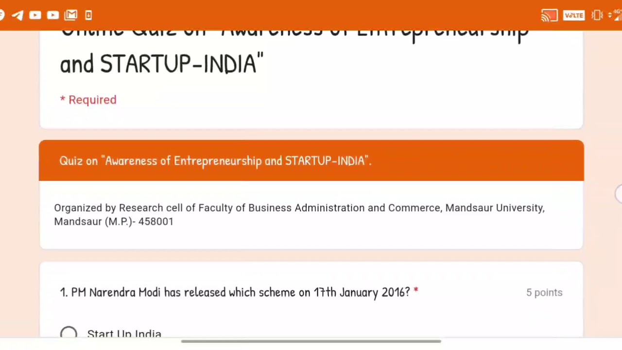 Online quiz on "Awareness of Entrepreneurship and STARTUP - INDIA ...