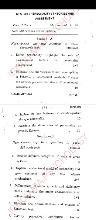 MPC-003 Personality: Theories & Assessment | December Term Exam 2024 Question Paper Review - YouTube