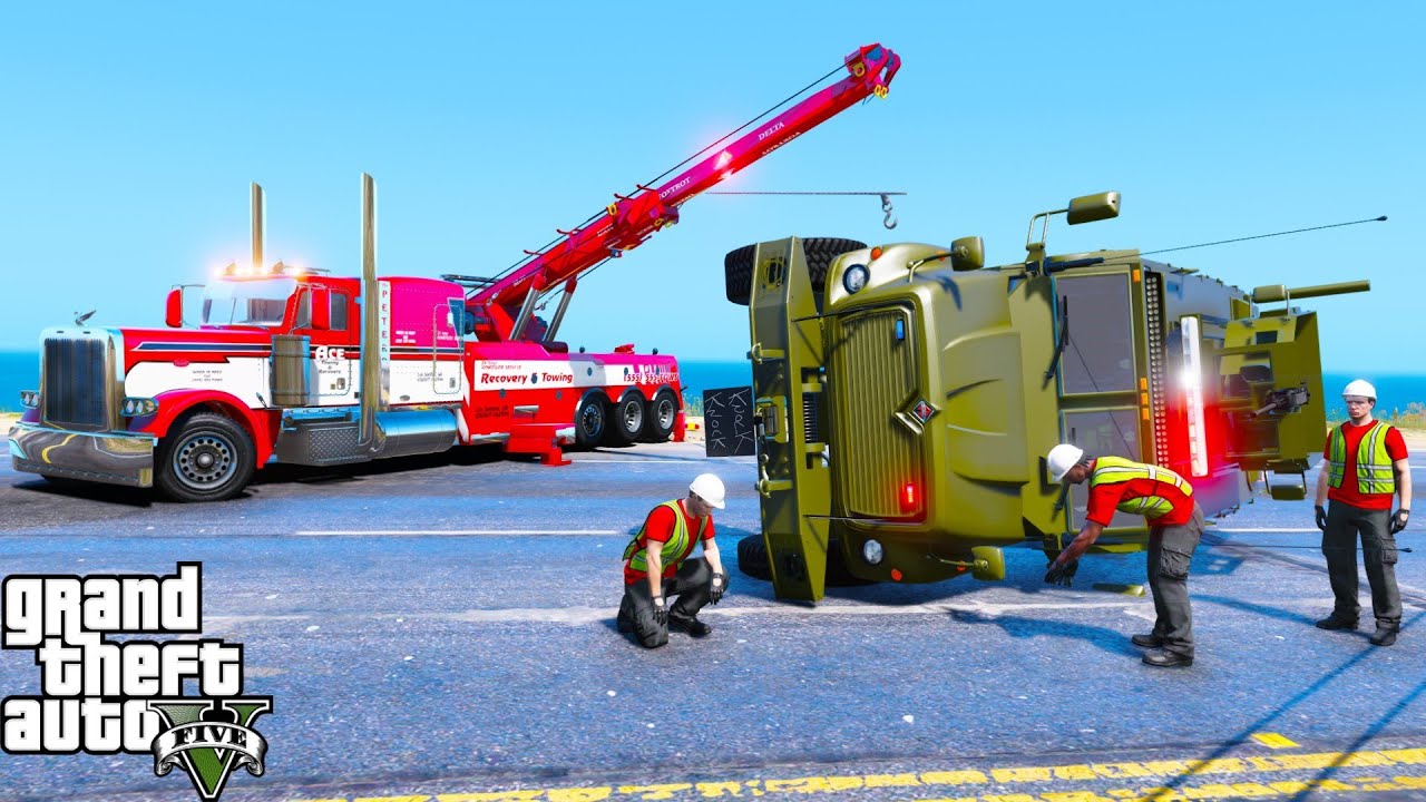 Heavy Wrecker Rotator Flips Rolled Over SWAT MRAP Truck In GTA 5 - YouTube