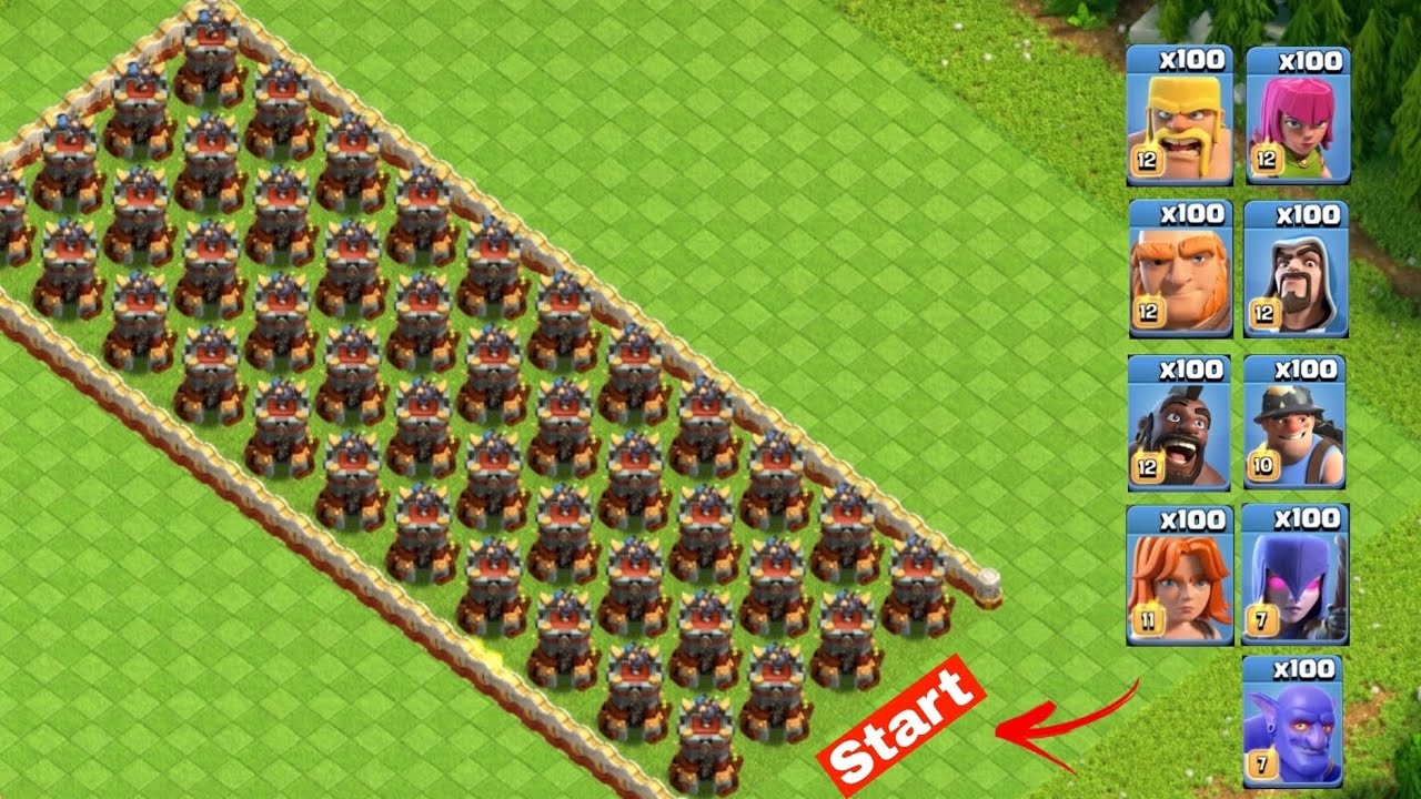 100x Troops Vs Max Level Bomb Tower Base Formation Clash Of Clans - YouTube
