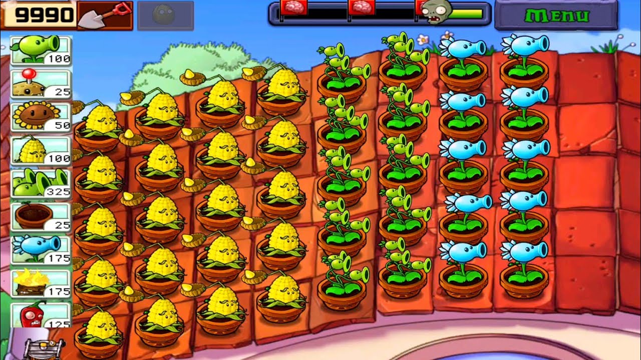 PvZ Gameplay | Kernel-pult, Threepeater, and Snow pea | Adventure Roof ...