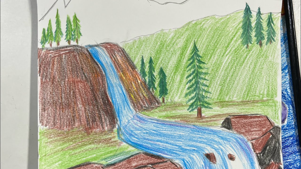 Scenery water falls drawing step by step drawing & colouring process ...