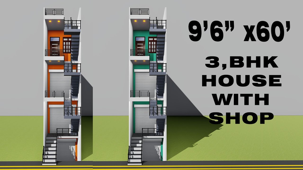 छोटे से घर में कार पार्किंग का नक्शा 3D 9'6"by 60 shop plan 10x60 dukan ...