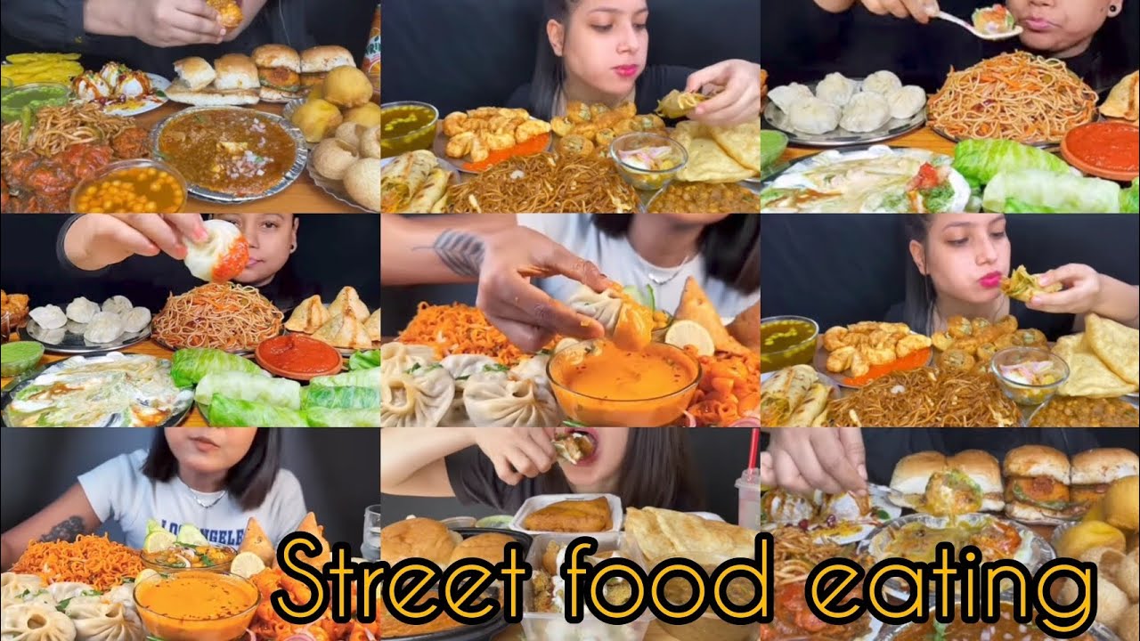 Street food eating momos ,noodles ,panipuri and samosa compilation 5× ...
