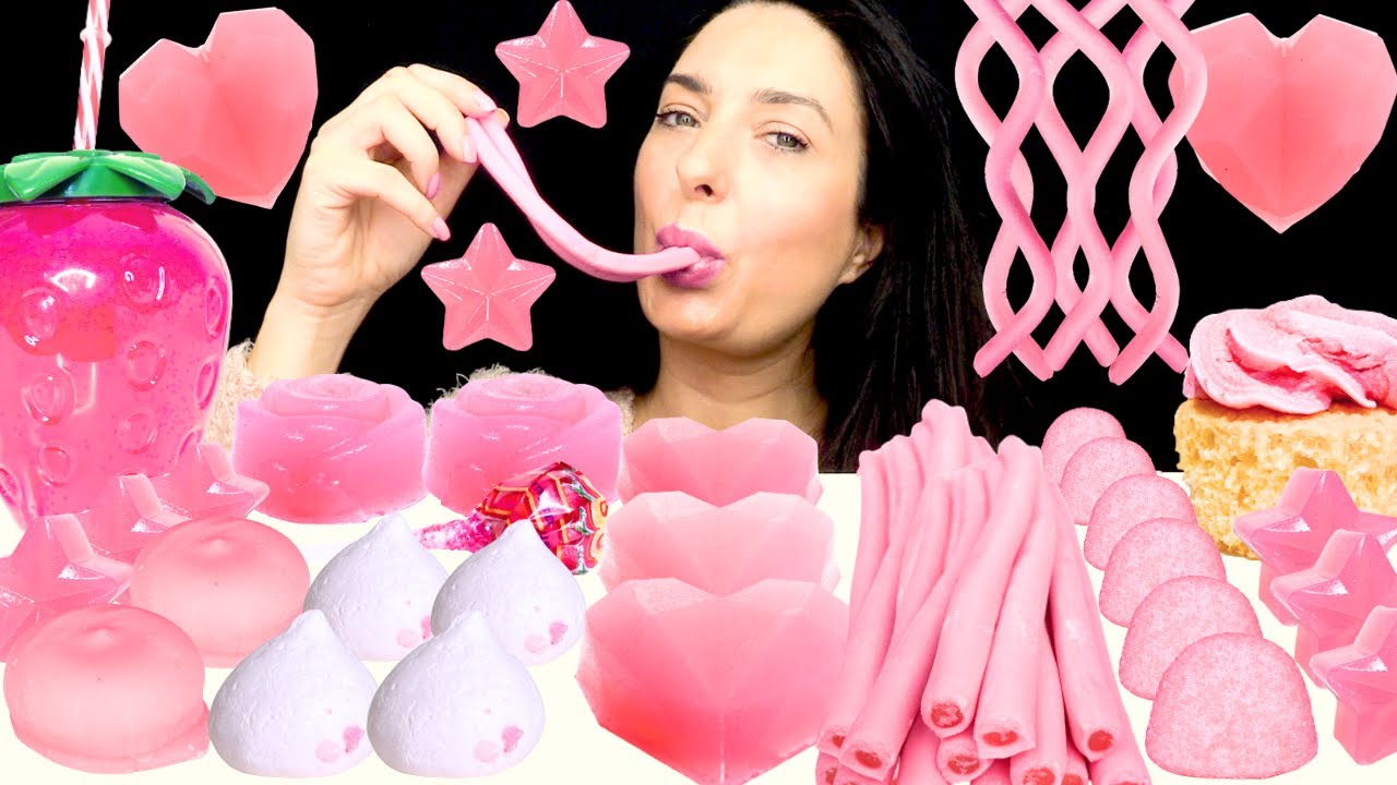 ASMR PINK FOOD, MERINGUES, LOLLIPOP, CUP CAKE, STRAWBERRY CHOCOLATE TEA ...